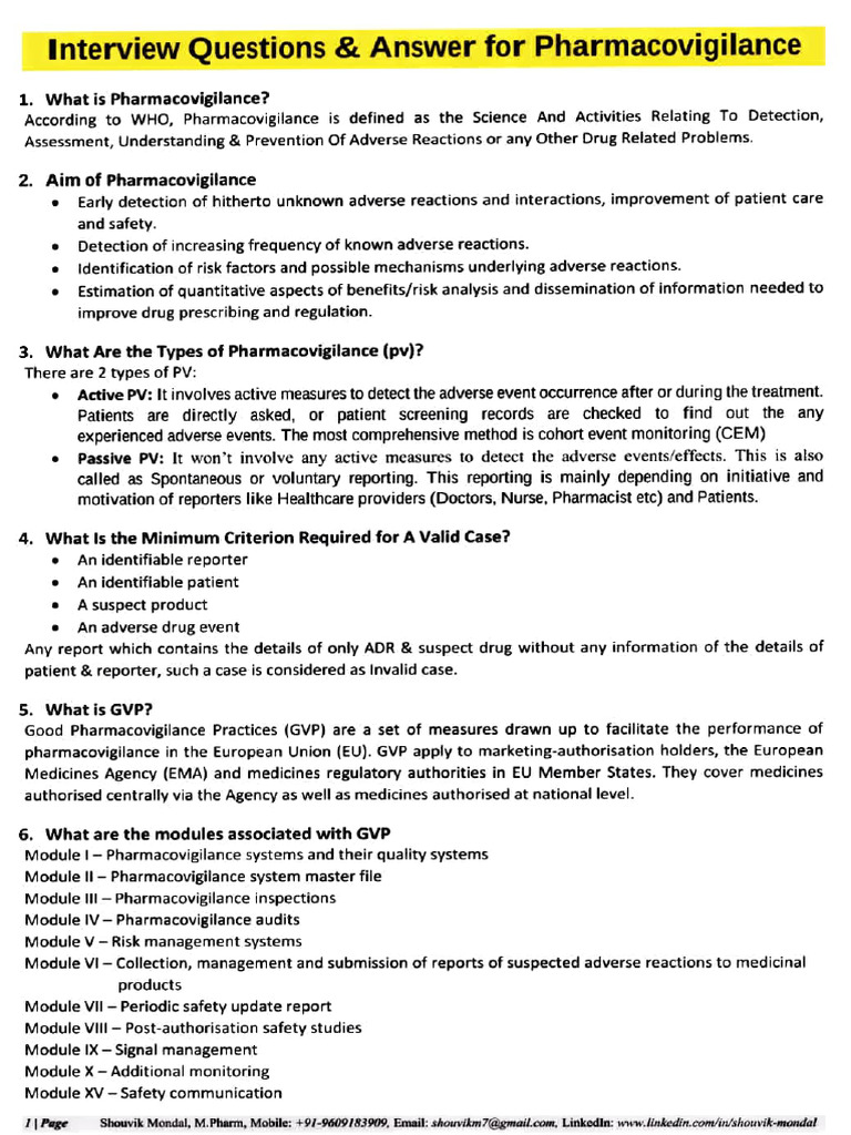 PV Interview Questions | PDF | Pharmacovigilance | Adverse Effect