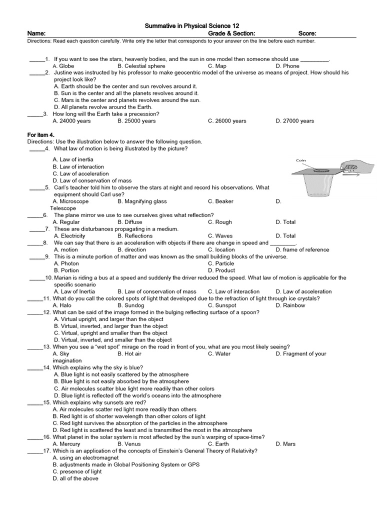 Summative in Physical Science 12 | PDF | Force | Light