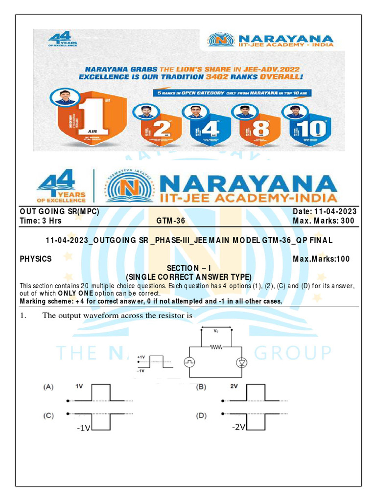 11-04-2023 - Outgoing SR - Phase-Iii - Jee Main Model GTM-36 - QP Final | PDF | Acceleration | Gases