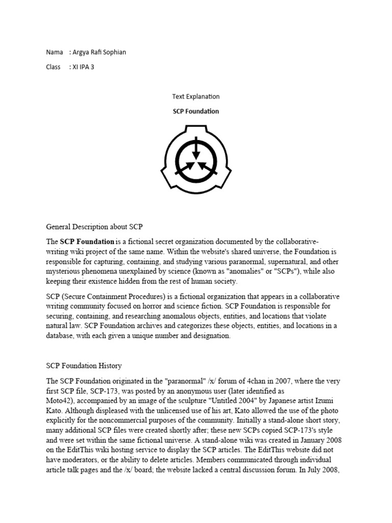 Nama: Argya Rafi Sophian Class: Xi Ipa 3: SCP Foundation | PDF | Hypertext