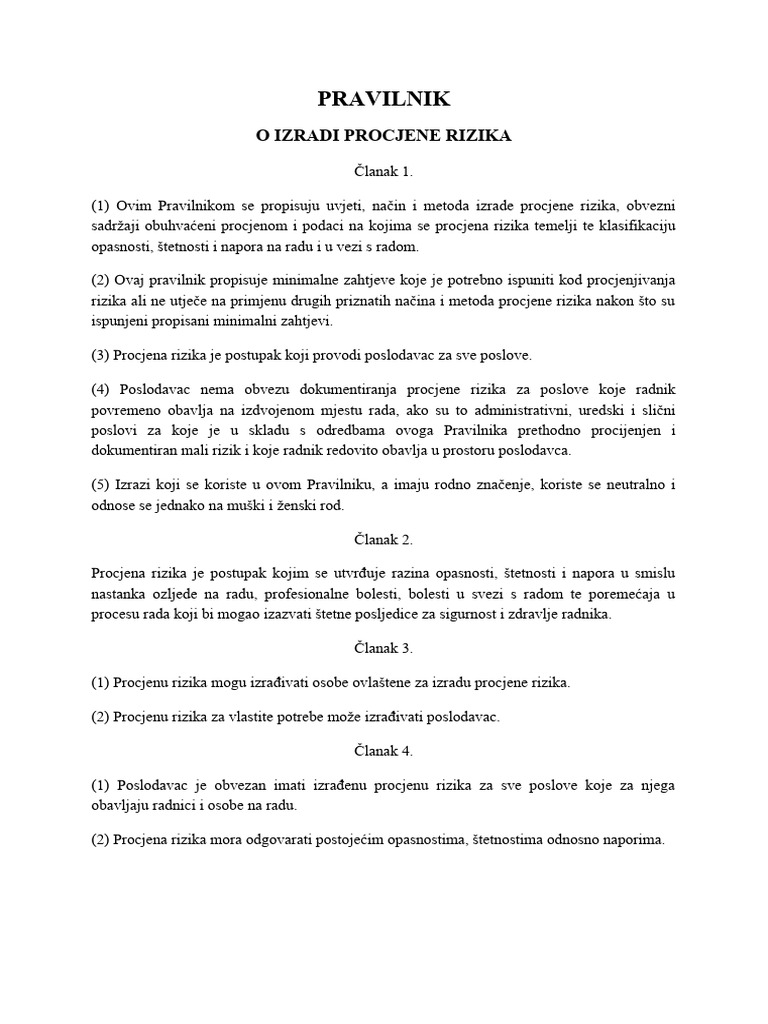 Pravilnik o Izradi Procjene Rizika | PDF