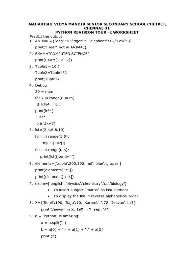 Python Revision Tour 2 Worksheet Pdf Computing Computer Programming