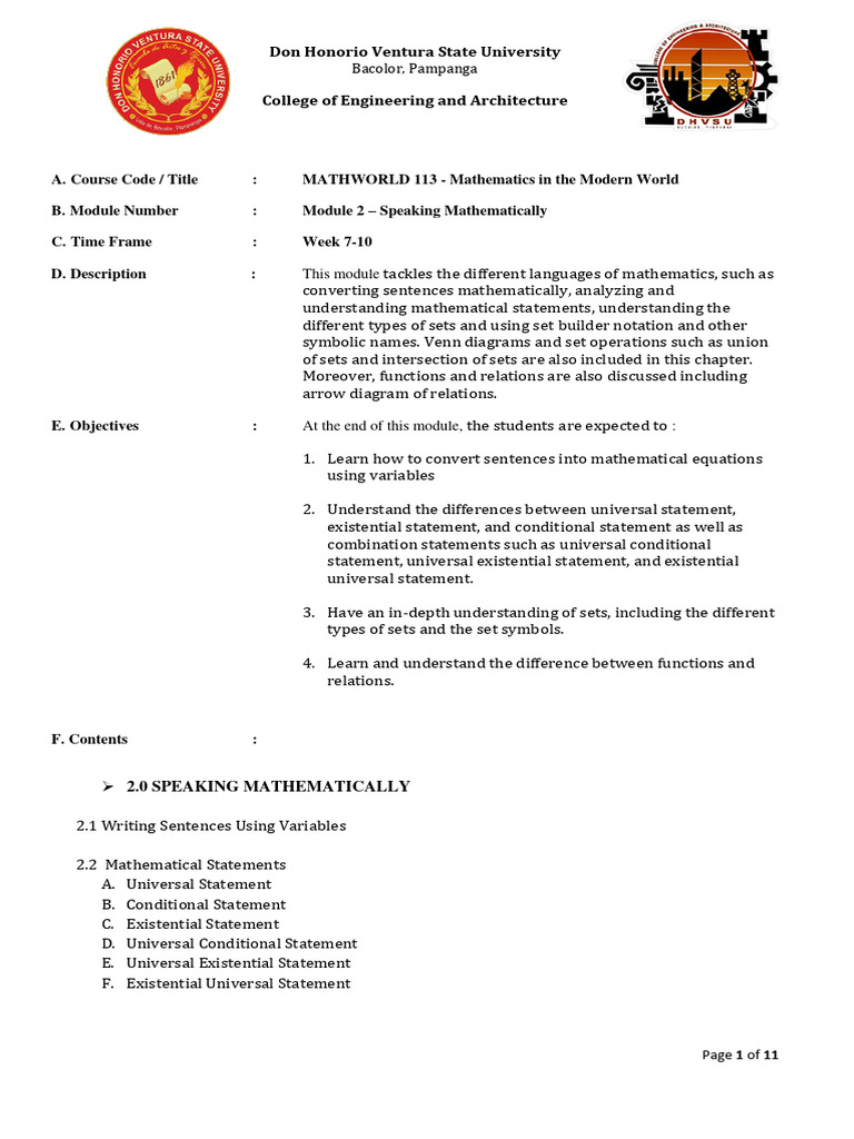 MATHWORLD 113-Module 02-Speaking Mathematically | PDF | Set ...