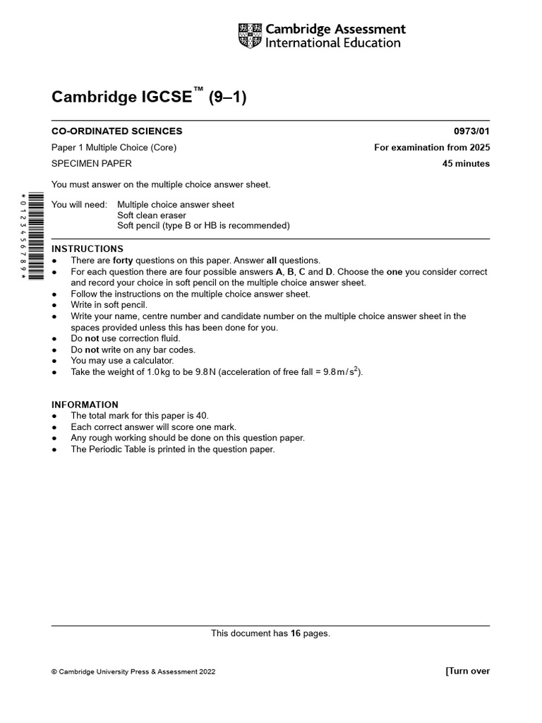 Cambridge IGCSE (9–1) 0973 Co-Ordinated Sciences Specimen Paper 1 for ...
