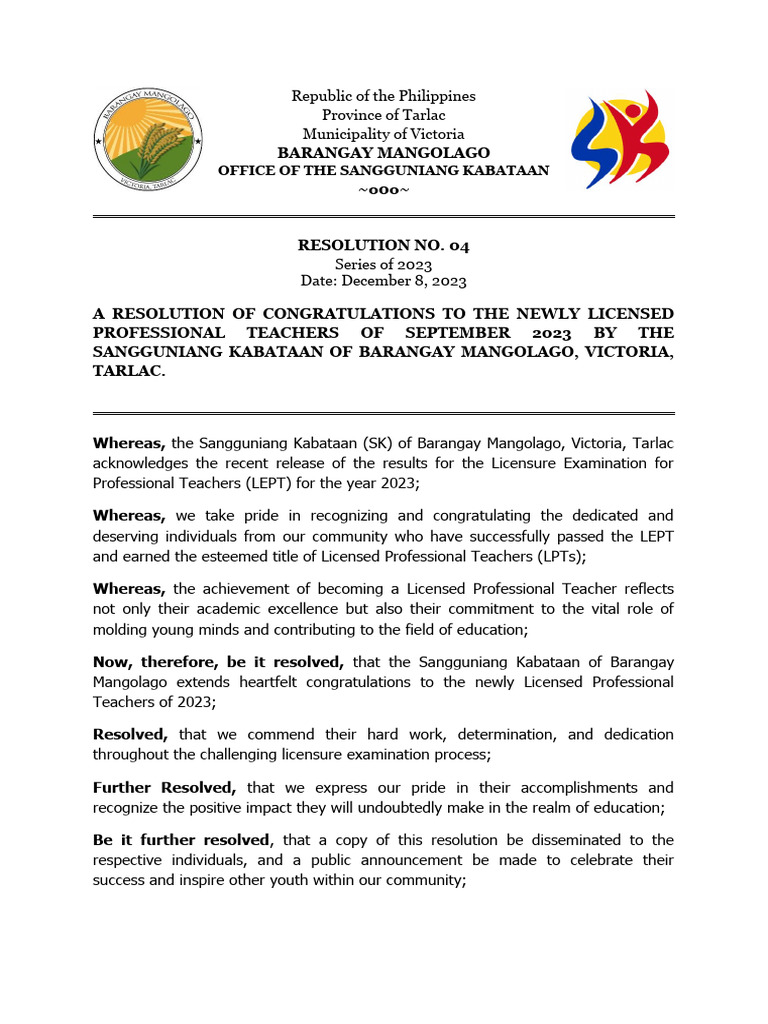 Reso. 2023-004-LPT Congratulations | PDF | Youth Organizations