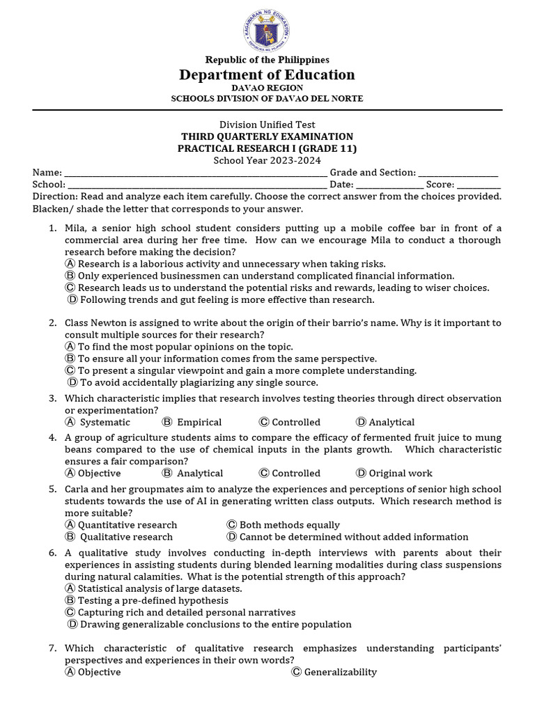 Grade 11 Practical Research Exam Guide | PDF | Qualitative Research ...