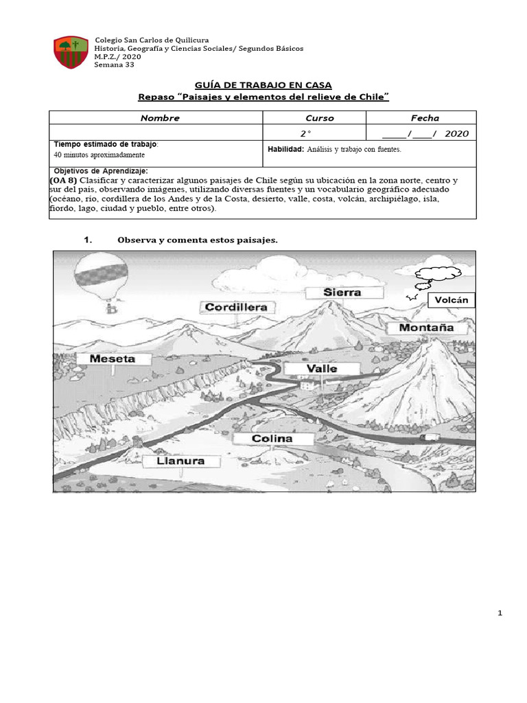 H2 Semana 33 Actividad 2. Repaso Paisaje y Elementos Del Relieve de Chile | PDF | Chile | Paisaje