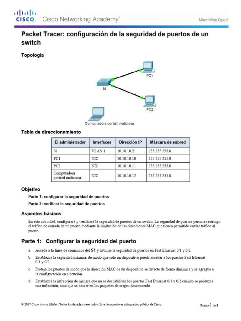 5.2.2.7 Packet Tracer - Configuring Switch Port Security Instructions ...
