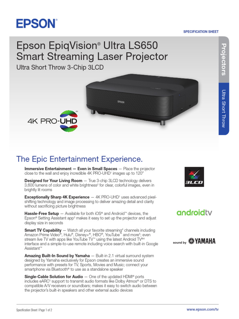 Epson EpiqVision LS650B Projector Specification Sheet CPD-63943 PDF ...