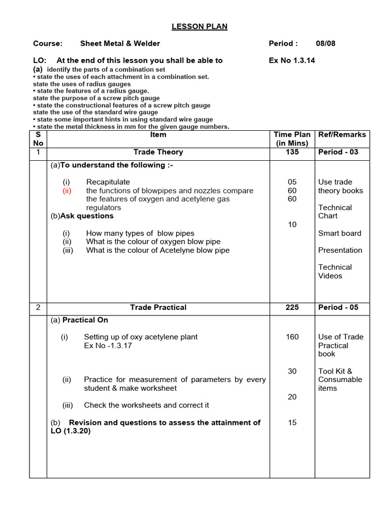 Lesson Plan Sheet Metal & Welder for 12 Jan 23 | PDF