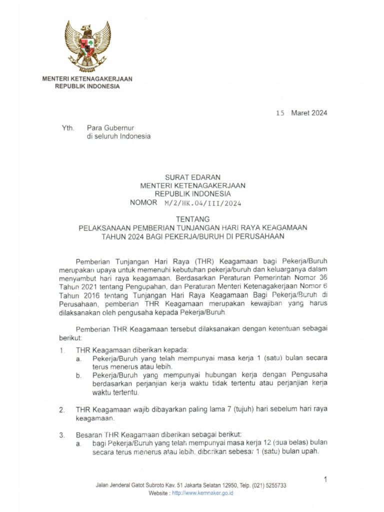 SE Menaker Tentang THR 2024 | PDF
