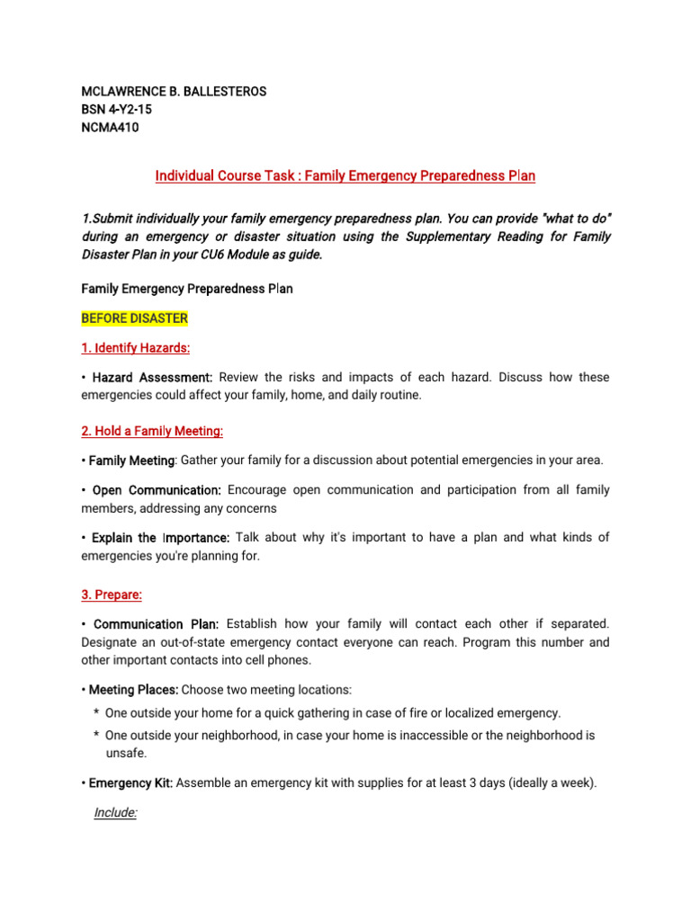 Cu6 Family Emergency Preparedness Plan | PDF | Emergency Management ...