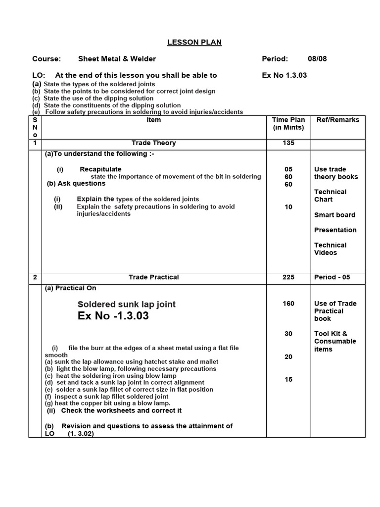 Lesson Plan Sheet Metal & Welder for 12 Jan 23 - | PDF | Soldering ...