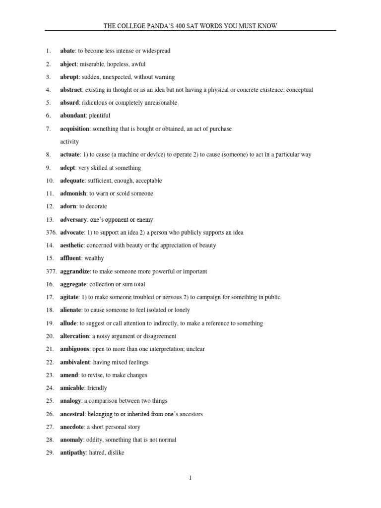 400 SAT Words (College Panda) A TO Z | PDF | Experience | Feeling