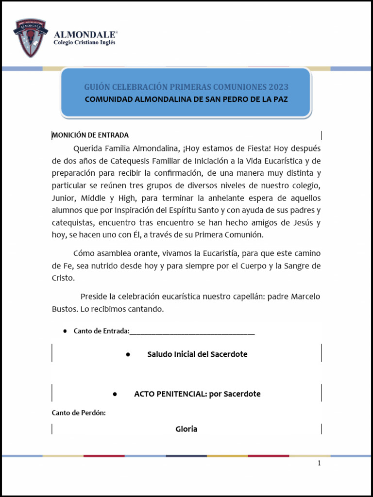 Guión Misa Primeras Comuniones 2023 | PDF | eucaristía | Adoración Cristiana Y Liturgia