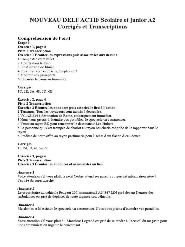 Corrigés DELF A2 : Compréhension orale | PDF