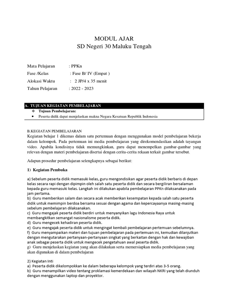 Modul Ajar PPKN Kelas 4 Semester 2tahun 2022 - 2023 | PDF