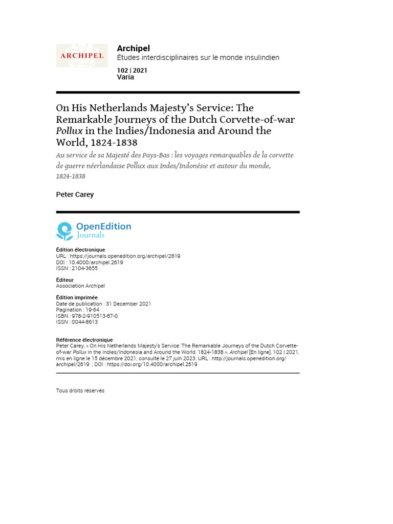 The Remarkable Journeys of The Dutch Corvette-Of-War Pollux. | PDF