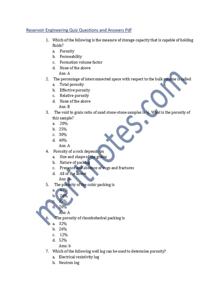 Reservoir Engineering MCQ Quiz PDF | PDF