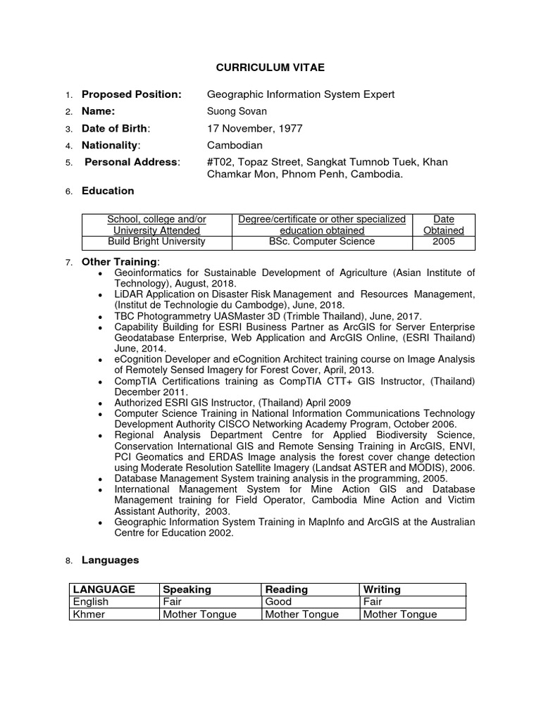 Suong Sovann CV Jan 2019 - 19aug2019 | PDF | Geographic Information System | Esri
