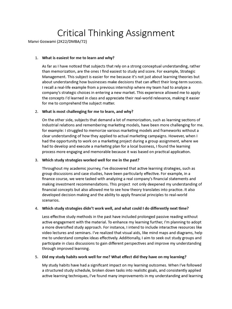 Critical Thinking Assignment | PDF | Learning | Marketing