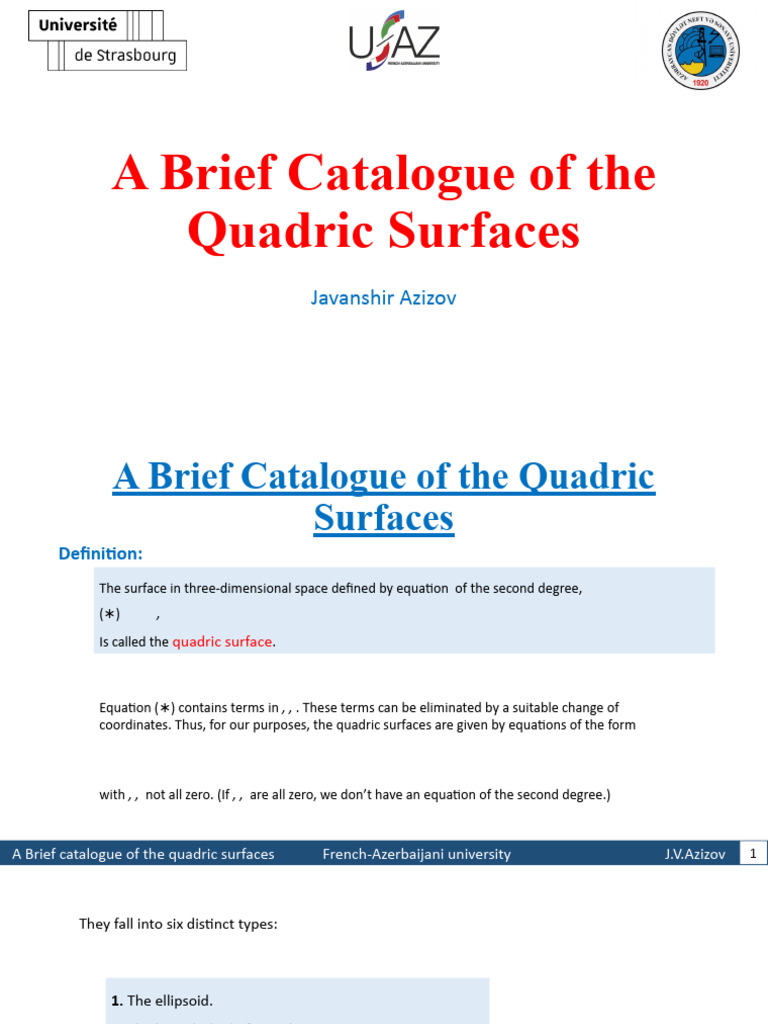 Support Lecture - Quadric Surfaces | PDF | Ellipse | Manifold