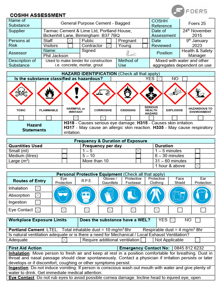 COSHH Assessment for General Purpose Cement | PDF | Concrete | Water