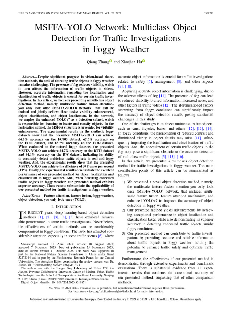 Msffa Yolo Network Multiclass Object Detection For Traffic Investigations In Foggy Weather Pdf