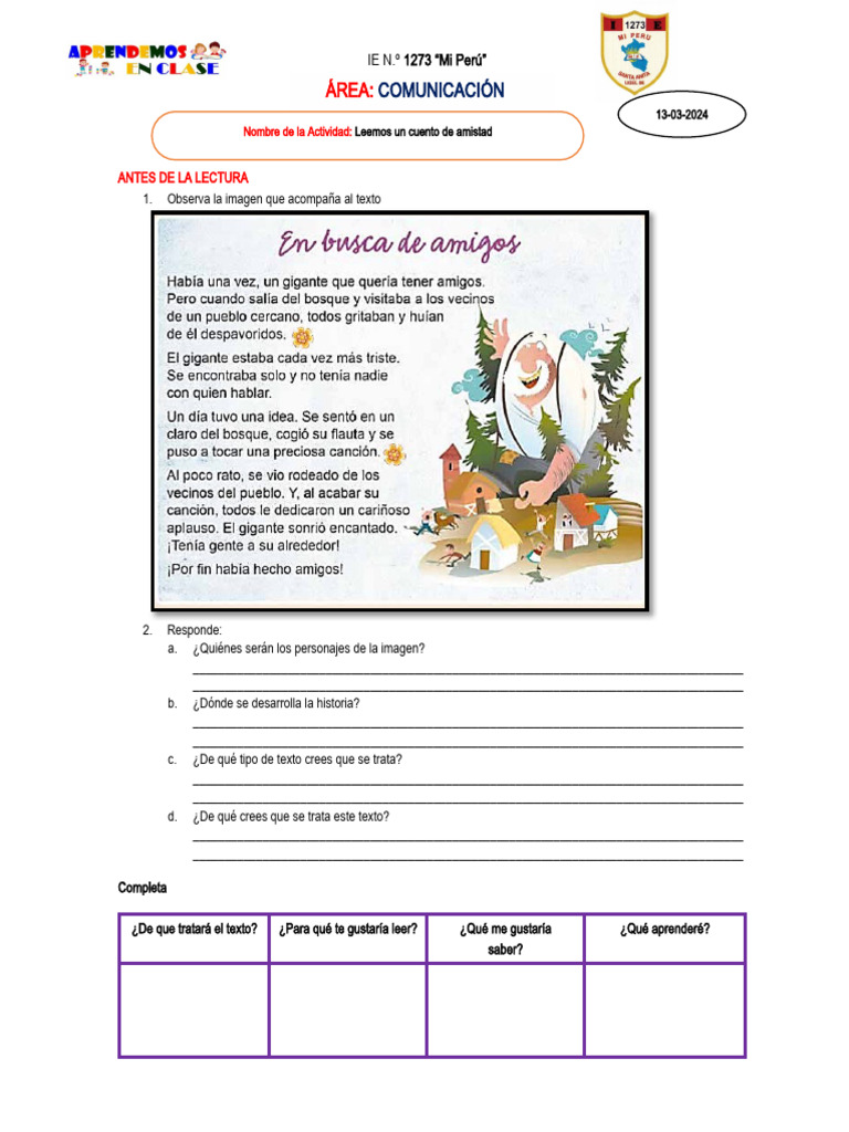 Ficha Com Cuento La Amistad Pdf