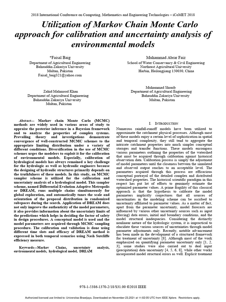 Utilization of Markov Chain Monte Carlo Approach For Calibration and Uncertainty Analysis of ...