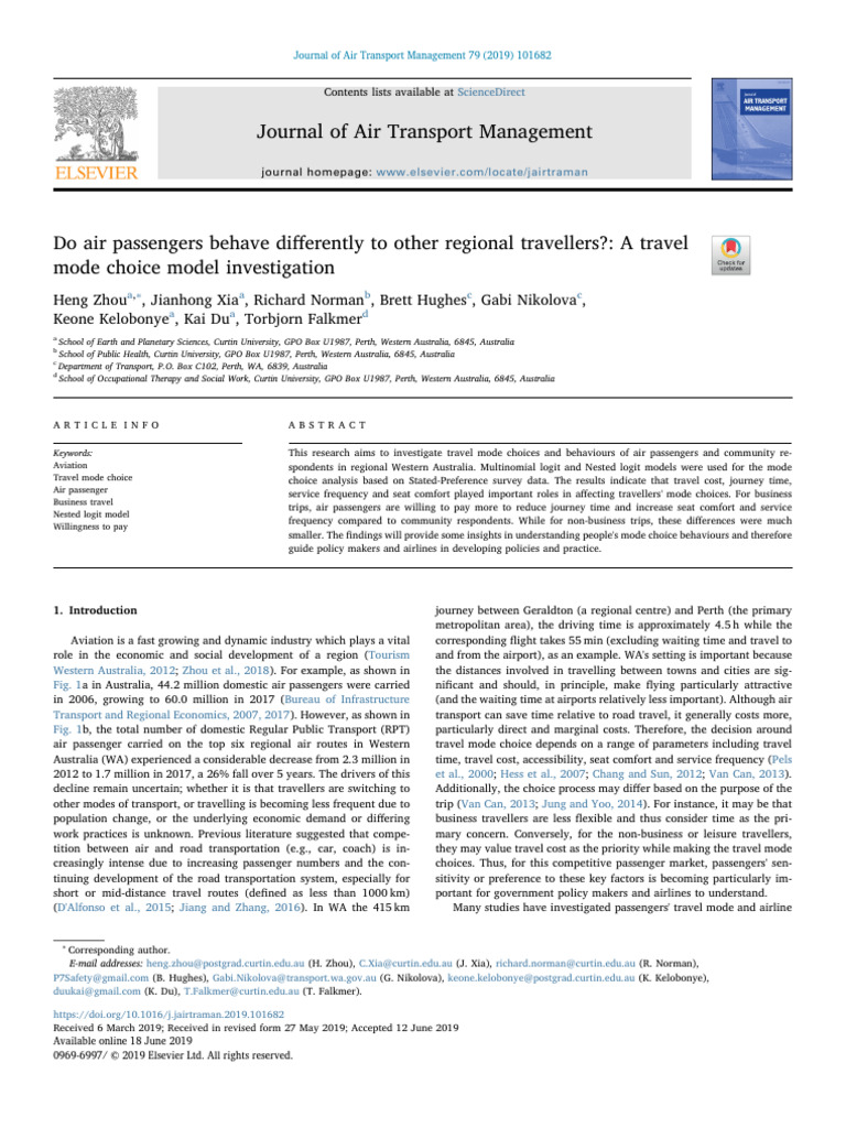 Zhou Etal 2019 Do Air Passengers Behave Differently To Other Regional Travellers A Travel Mode ...