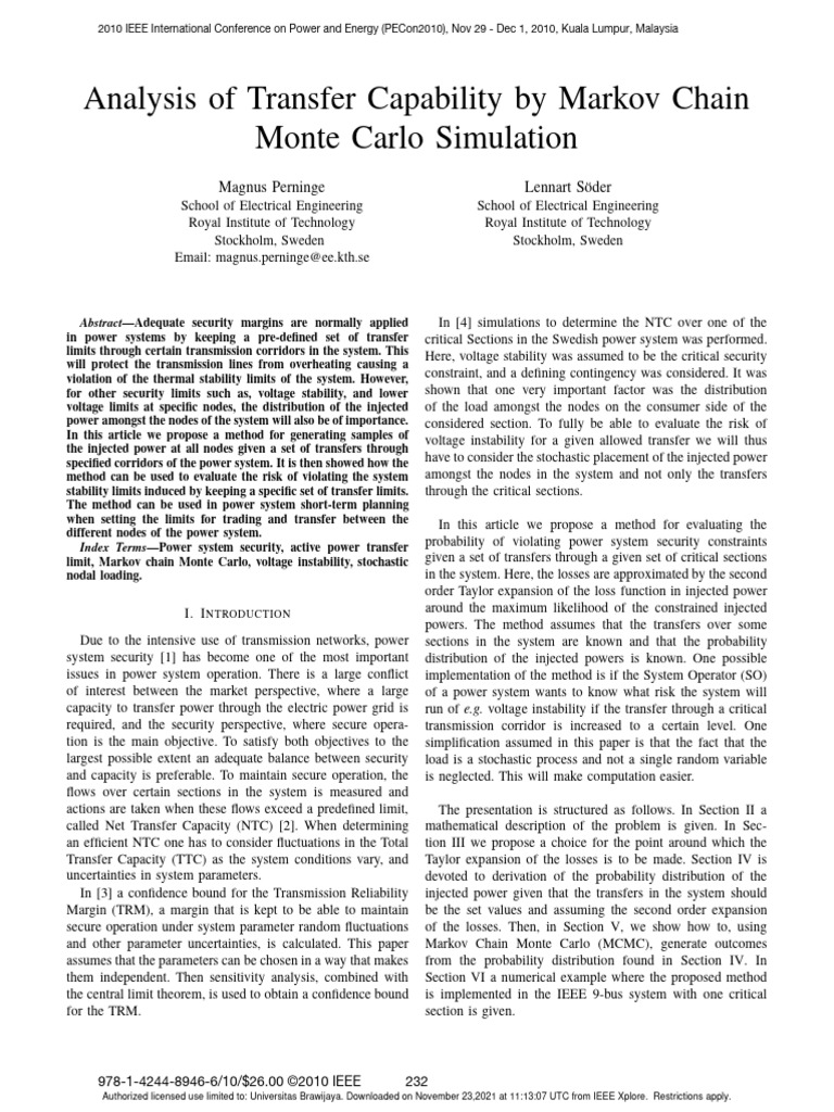 Analysis of Transfer Capability by Markov Chain Monte Carlo Simulation | PDF | Monte Carlo ...