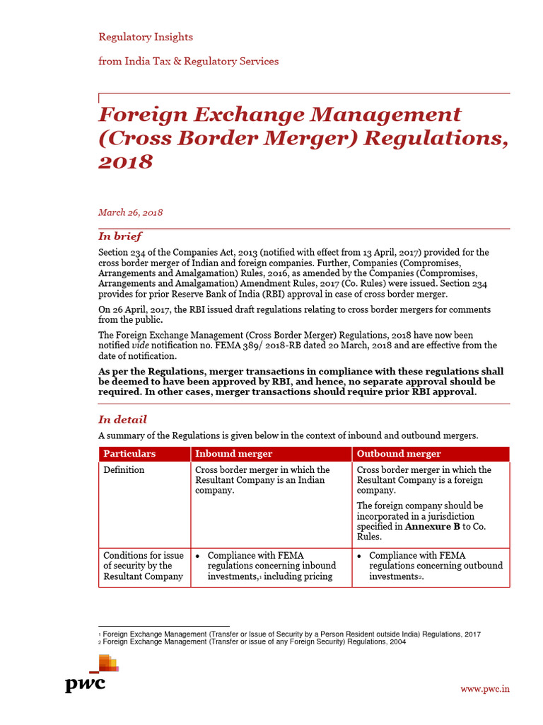 PWC News Alert 26 March 2018 Fema Cross Border Merger | PDF | Mergers ...