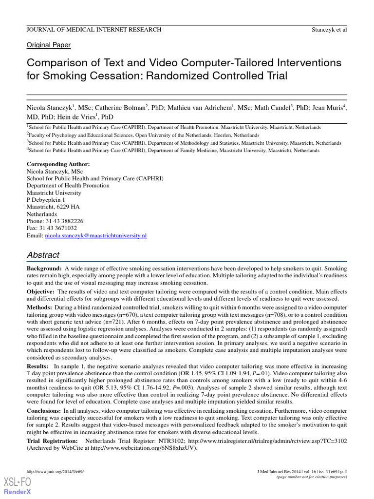 Comparison of Text and Video Computer-Tailored Interventions For Smoking Cessation: Randomized ...
