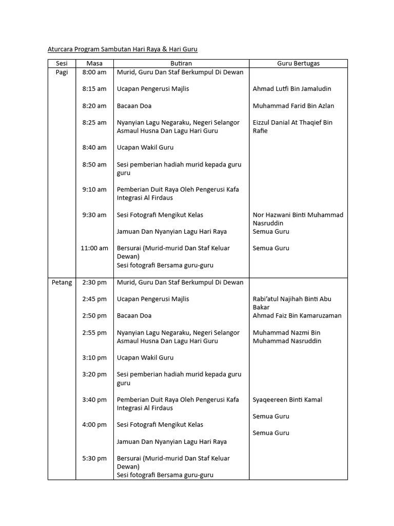 Aturcara Program Sambutan Hari Raya & Hari Guru | PDF