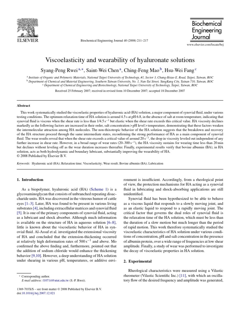 Viscoelasticity and Wearability of Hyaluronate Solutions (S.P.Rwei ...