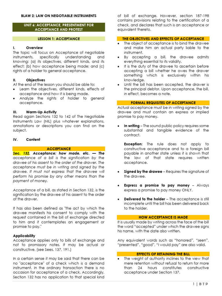 Blaw 2 - Unit 6 - Lesson 1-3 - Acceptance, Presentment For Acceptance ...
