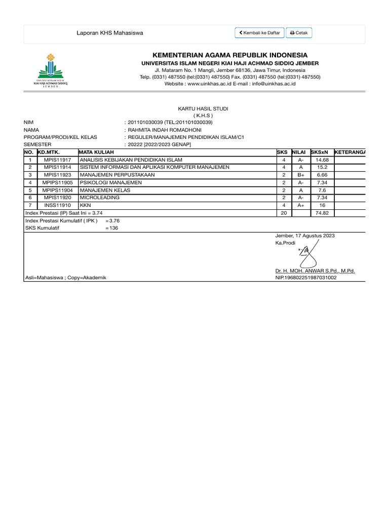 Laporan KHS Mahasiswa | PDF