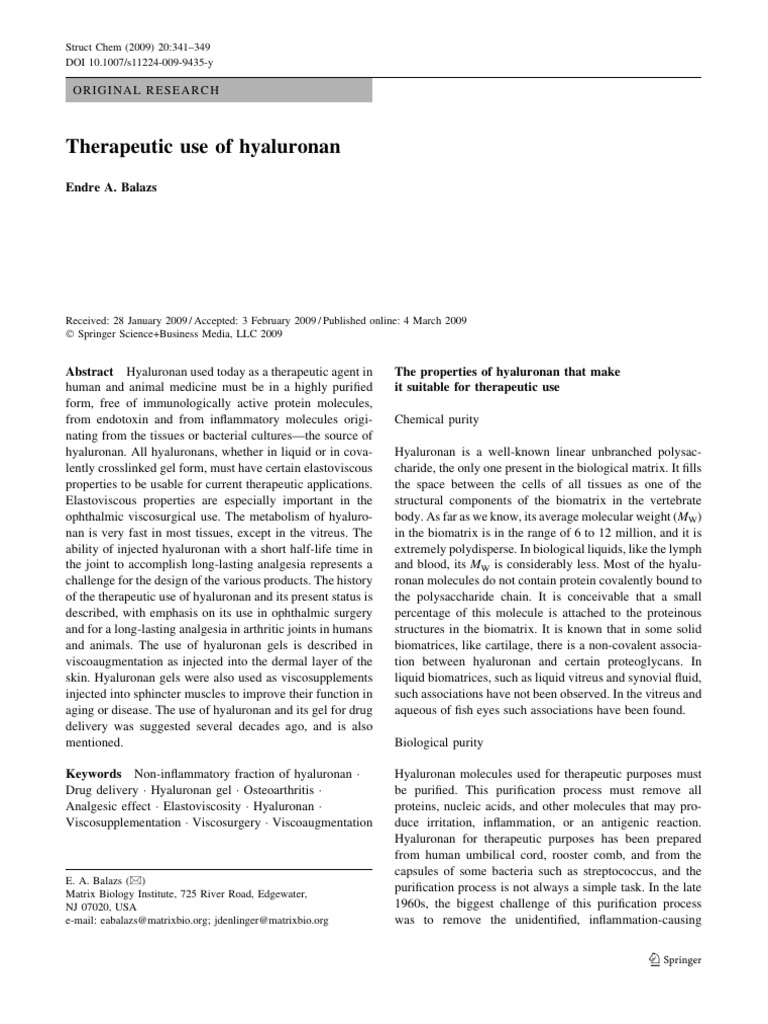 Therapeutic Use of Hyaluronan (E.A. Balazs - 2009) | PDF | Viscosity ...