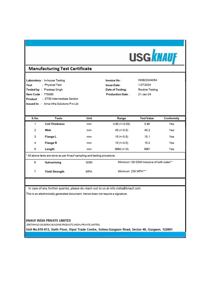 Manufacturing Test Certificate for ST50 | PDF