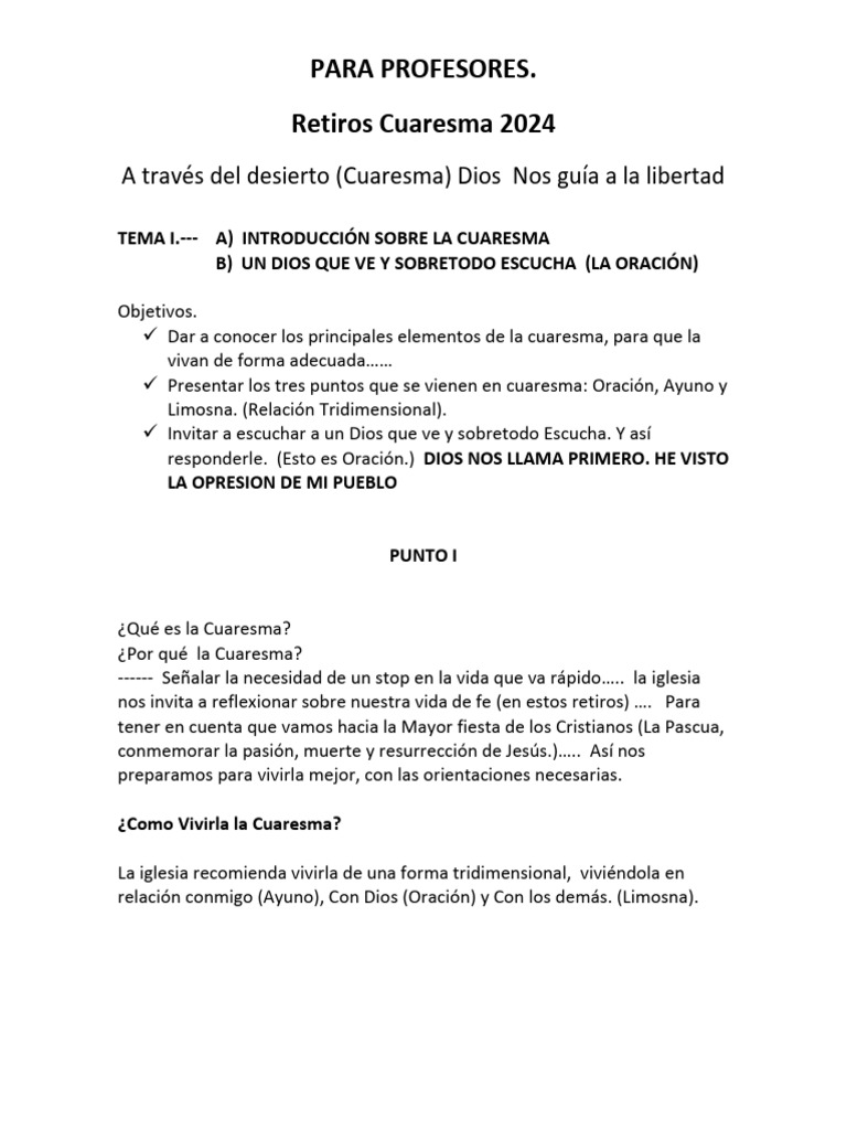Retiros Cuaresma 2024 Desarrollo | PDF | Prestado | Oración