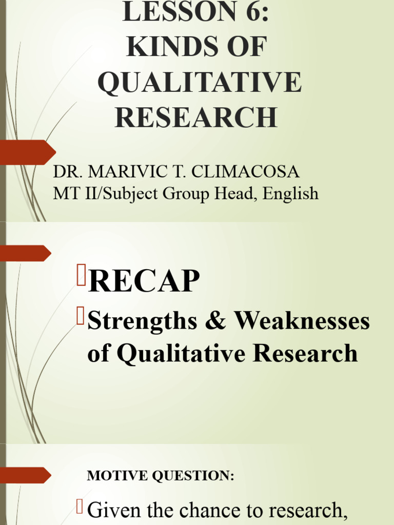 Lesson 6 Kinds of Qualitative Research | PDF | Qualitative Research | Ethnography