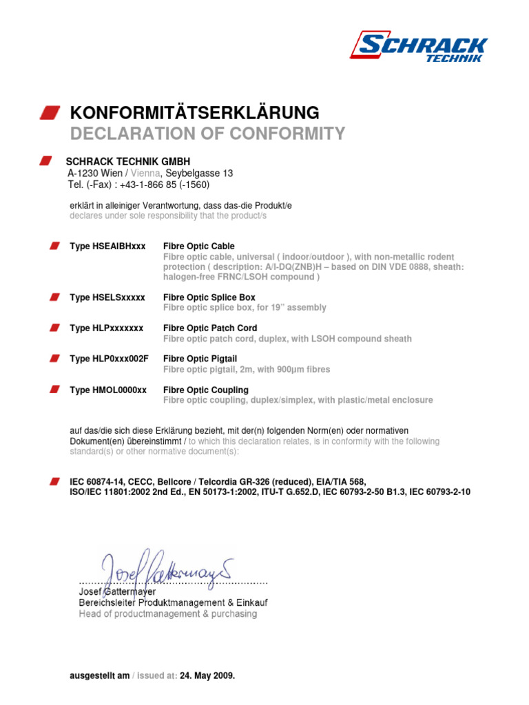 FO Equipment - SCHRACK Declaration of Conformity | PDF
