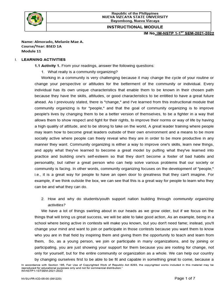 NSTP1_MODULE-11_answer | PDF | Attitude (Psychology) | Fair Use