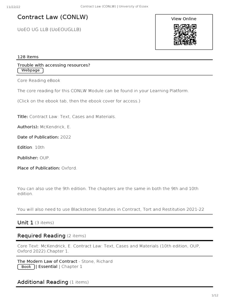 Contract Law Course Outline | PDF | Common Law | Law Of Obligations