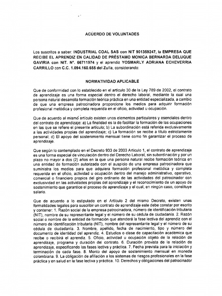 ACUERDO de VOLUNTADES - Yosmarly Adriana Echeverria Carrillo | PDF | Documento de identidad