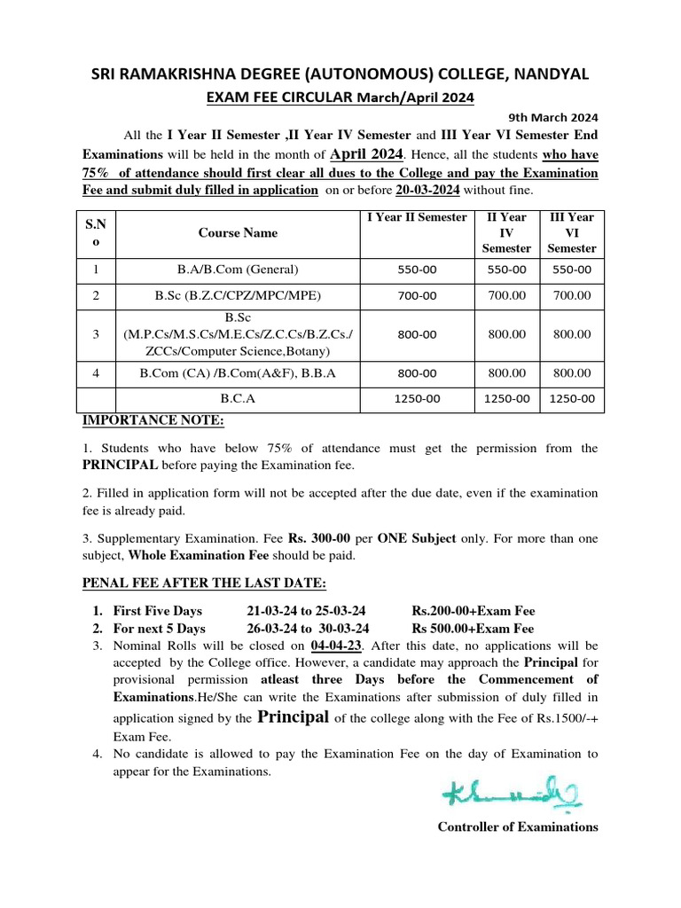 II IV Vi Sem Exam - Fee Circular April 2024 | PDF | Qualifications | Vocational Education