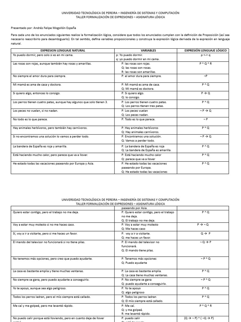 Taller 3. Formalización de Proposiciones | PDF | Proposición | Lógica