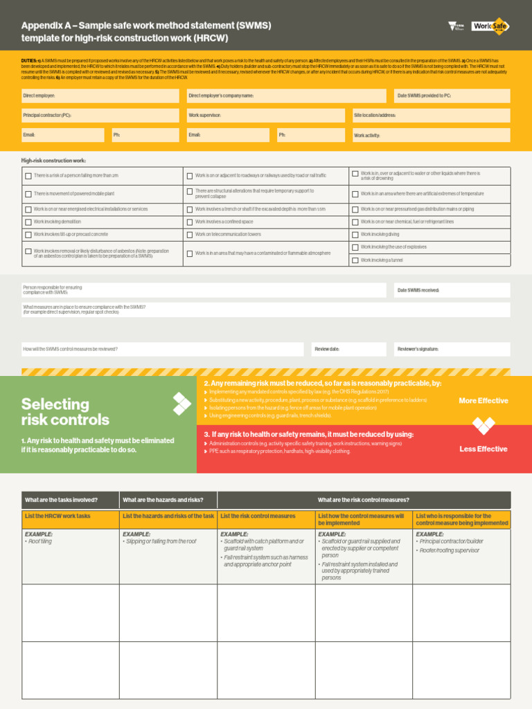 SWMS Template for High-Risk Work | PDF | Safety | Occupational Safety ...