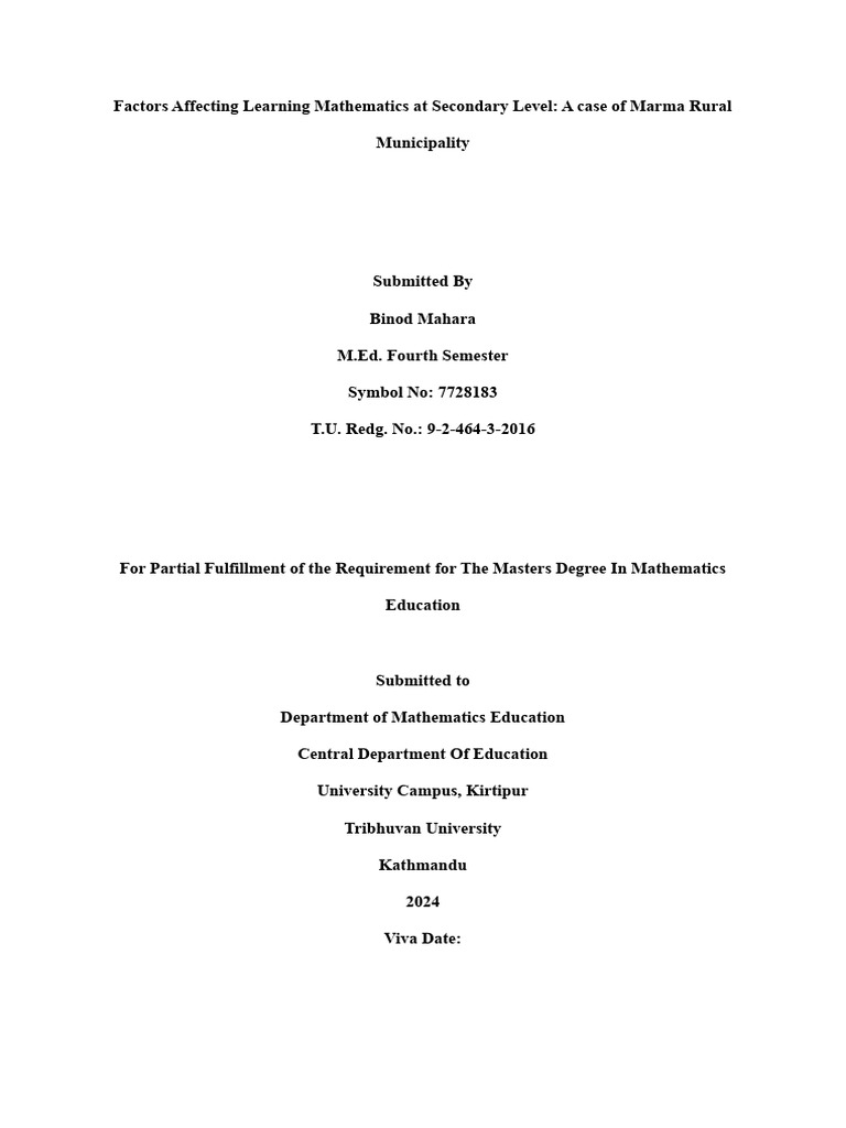 Factors Affecting Learning Mathematics at Secondary A Case of Marma ...